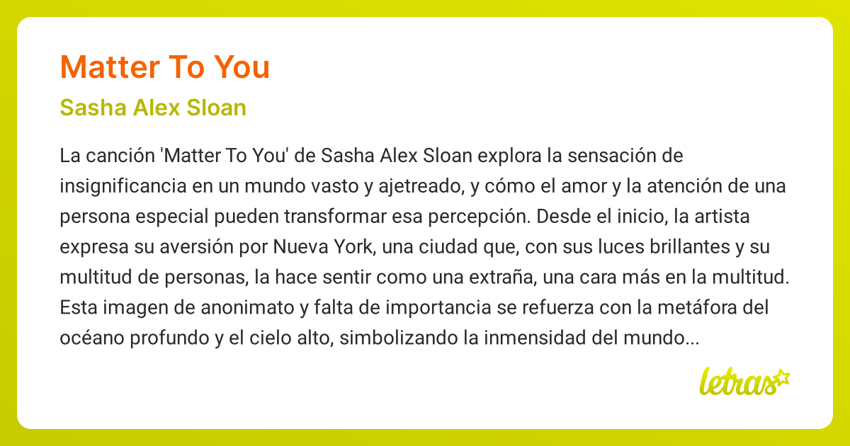 Significado de la canción MATTER TO YOU (Sasha Alex Sloan) - LETRAS.COM