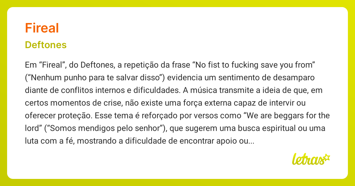 Significado da música FIREAL (Deftones) - LETRAS.MUS.BR
