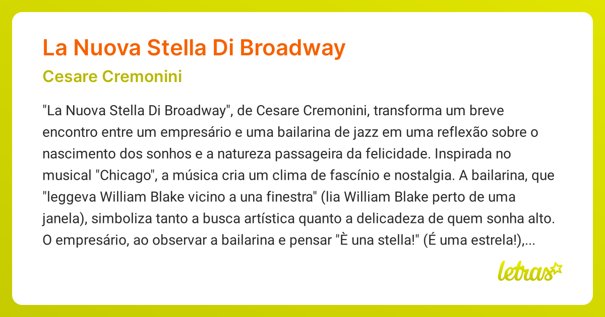 Significado da música LA NUOVA STELLA DI BROADWAY (Cesare Cremonini ...
