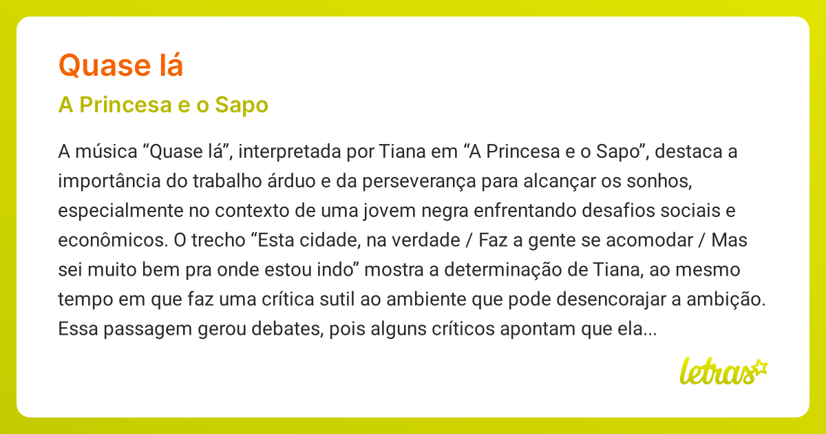 Significado da música QUASE LÁ (A Princesa e o Sapo) - LETRAS.MUS.BR