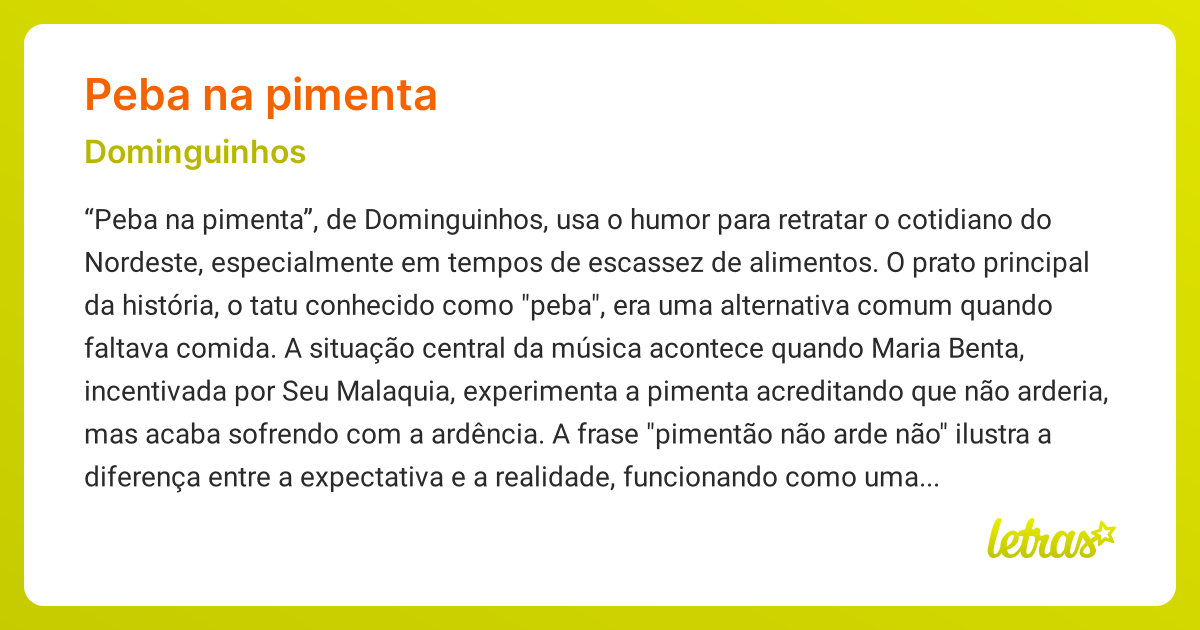 Significado da música PEBA NA PIMENTA (Dominguinhos) - LETRAS.MUS.BR