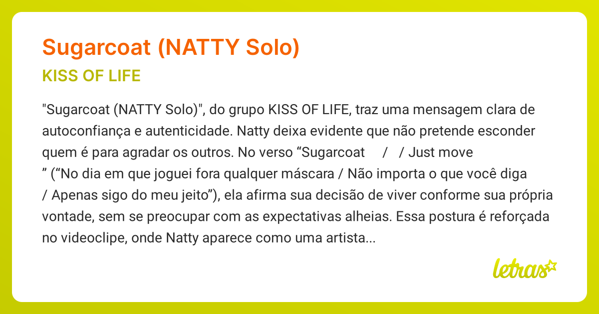 Significado da música SUGARCOAT (NATTY SOLO) (KISS OF LIFE) - LETRAS.MUS.BR