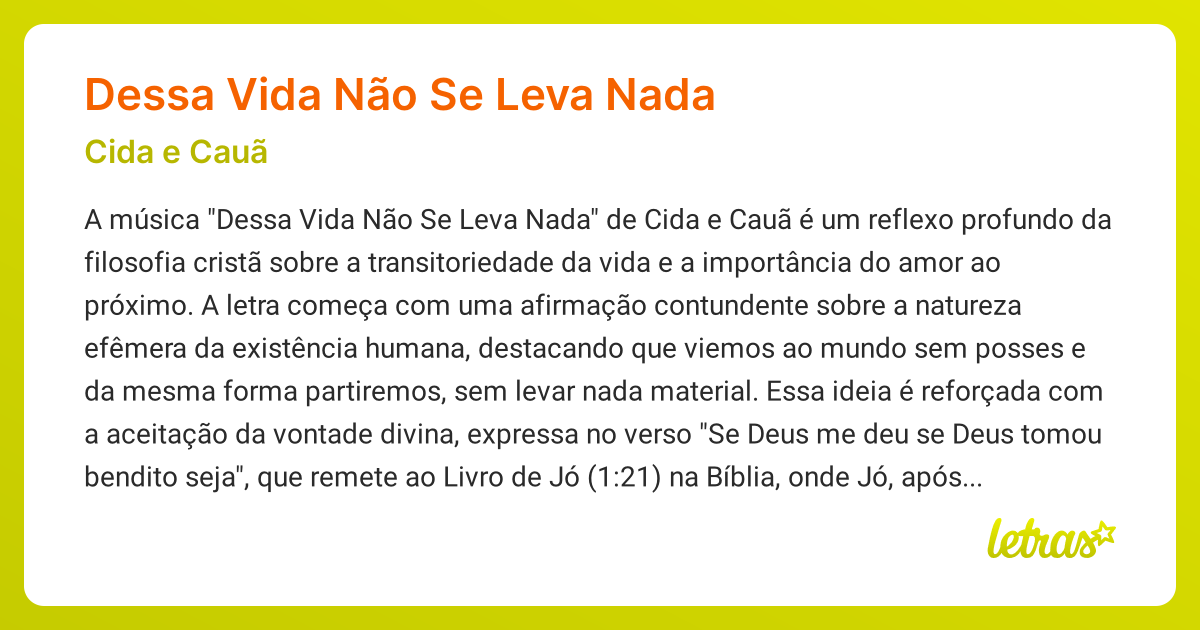 Significado da música DESSA VIDA NÃO SE LEVA NADA (Cida e Cauã ...