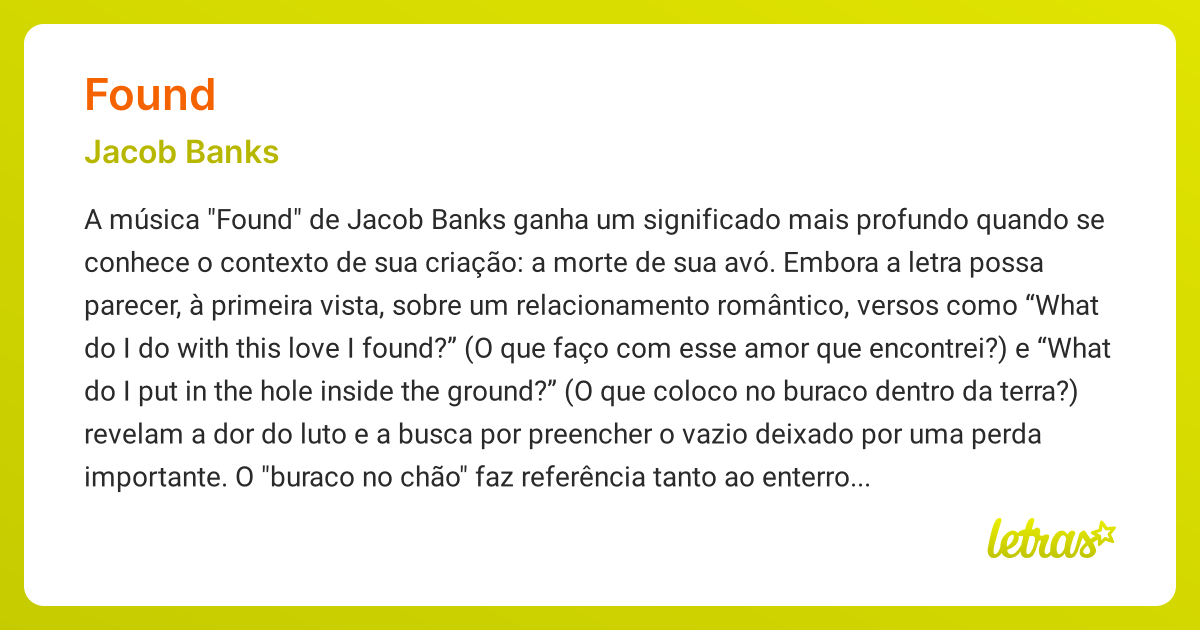 Significado da música FOUND (Jacob Banks) - LETRAS.MUS.BR