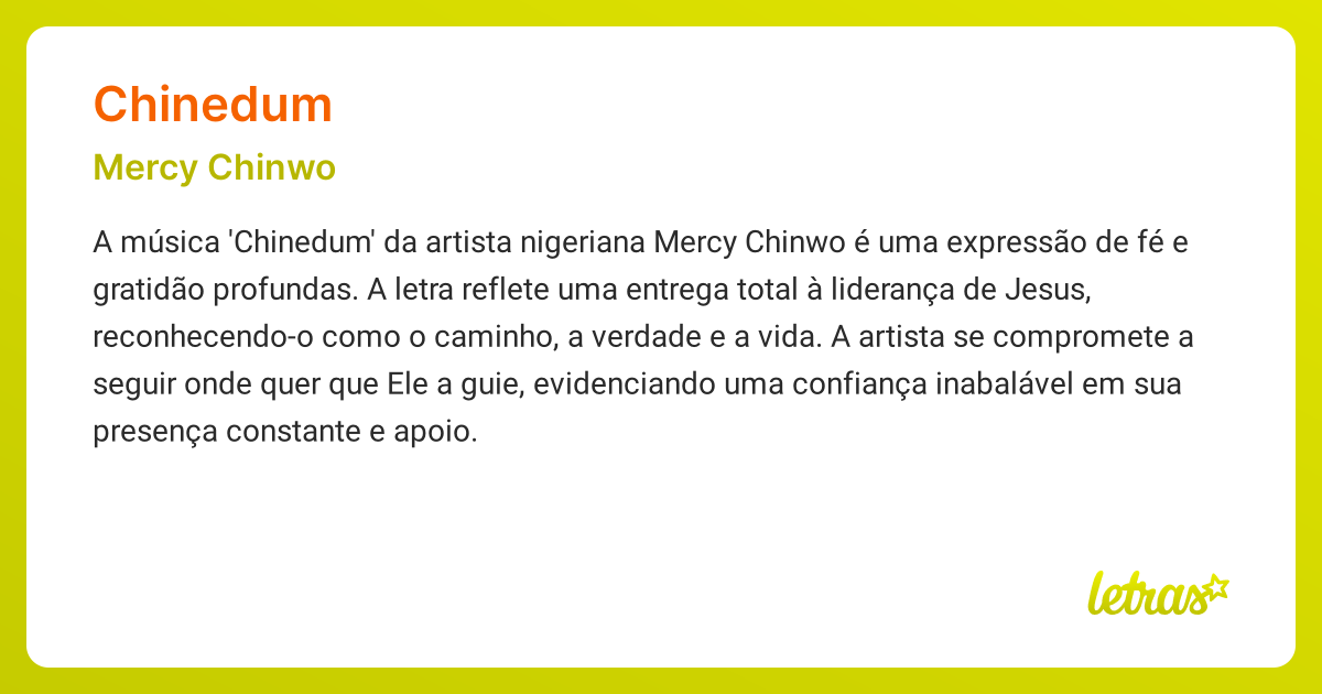 Significado da música CHINEDUM (Mercy Chinwo) - LETRAS.MUS.BR