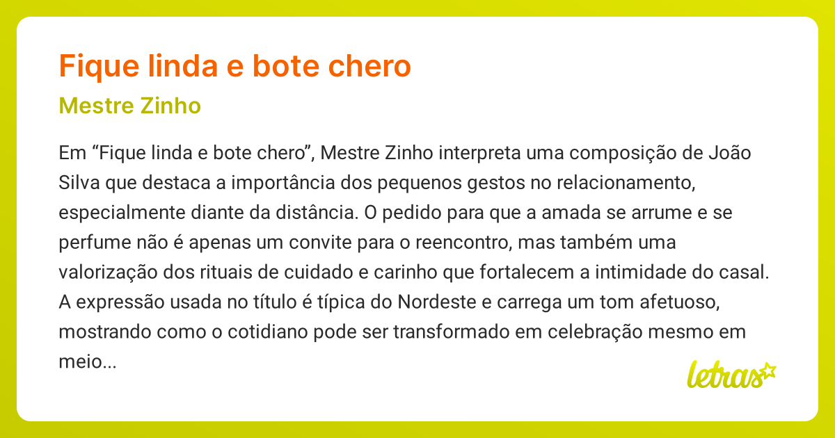 Significado da música FIQUE LINDA E BOTE CHERO (Mestre Zinho) - LETRAS ...