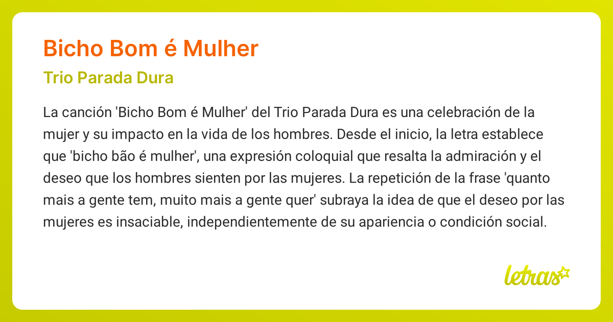 Significado de la canción BICHO BOM É MULHER (Trio Parada Dura ...