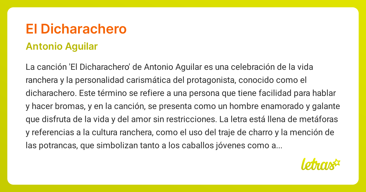 Significado de la canción EL DICHARACHERO (Antonio Aguilar) - LETRAS.COM