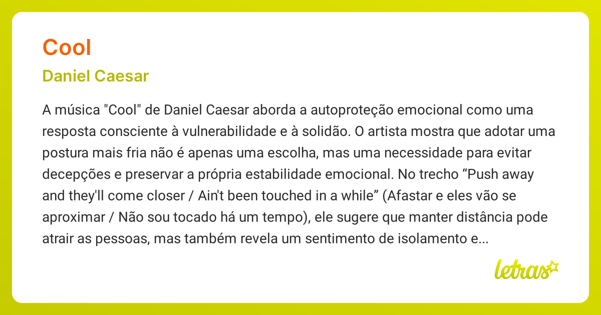 Significado da música COOL (Daniel Caesar) - LETRAS.MUS.BR