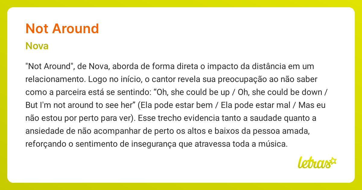 Significado da música NOT AROUND (Nova) - LETRAS.MUS.BR