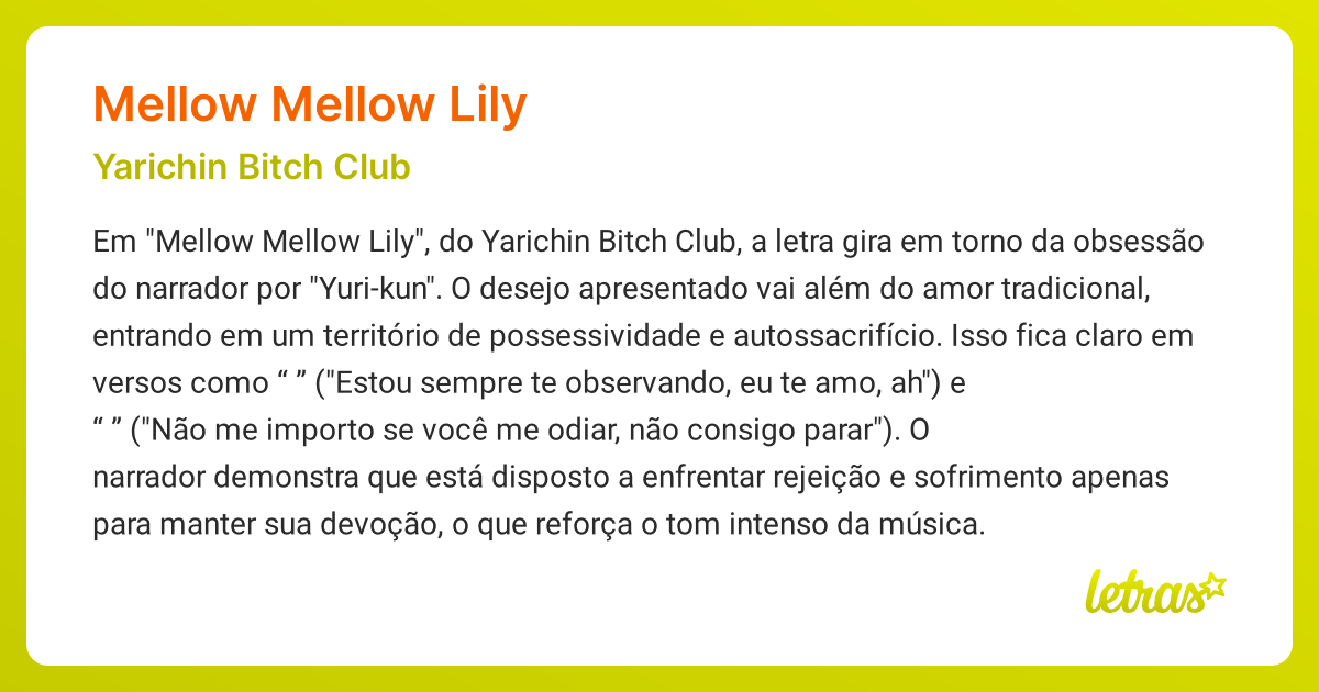 Significado da música MELLOW MELLOW LILY (Yarichin Bitch Club) - LETRAS ...