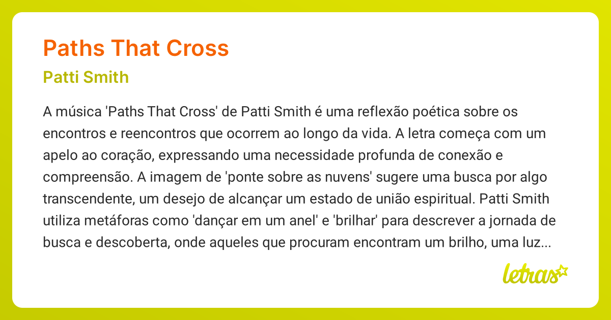 Significado da música PATHS THAT CROSS (Patti Smith) - LETRAS.MUS.BR