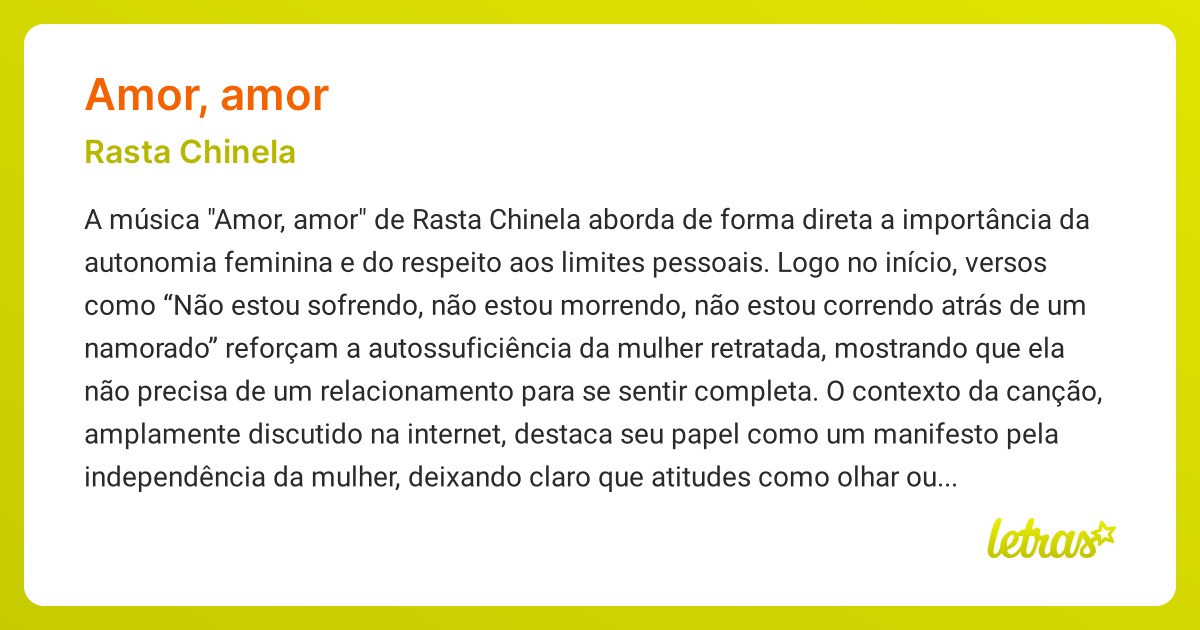 Significado da música AMOR, AMOR (Rasta Chinela) - LETRAS.MUS.BR