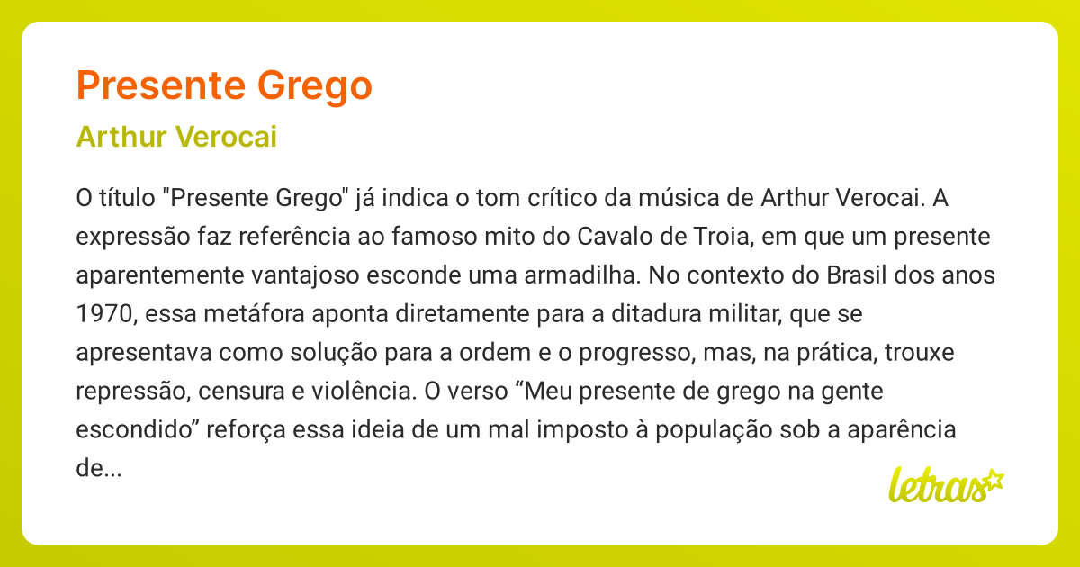 Significado da música PRESENTE GREGO (Arthur Verocai) - LETRAS.MUS.BR