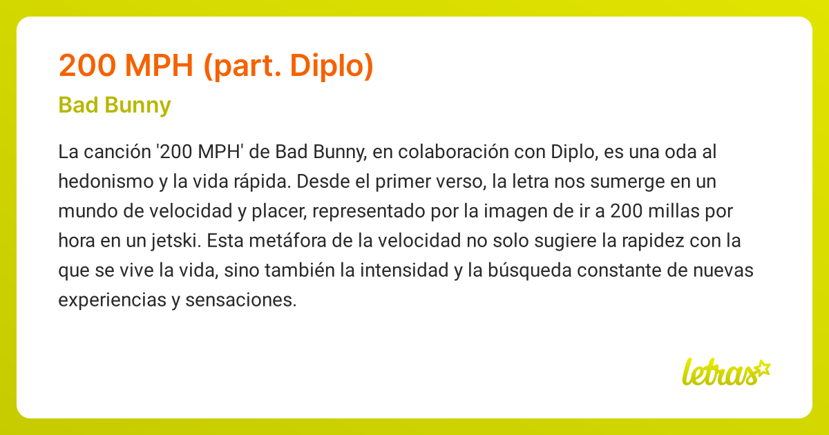 Significado de la canción 200 MPH (PART. DIPLO) (Bad Bunny) - LETRAS.COM