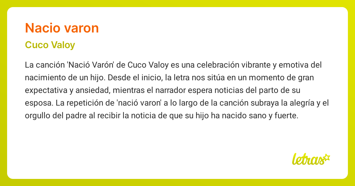 Significado de la canción NACIO VARON (Cuco Valoy) - LETRAS.COM