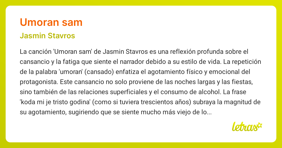 Significado de la canción UMORAN SAM (Jasmin Stavros) - LETRAS.COM
