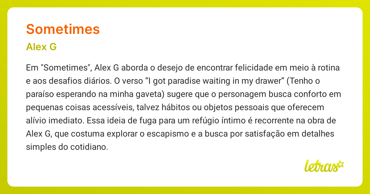 Significado da música SOMETIMES (Alex G) - LETRAS.MUS.BR