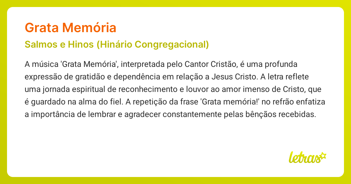 Significado da música GRATA MEMÓRIA (Salmos e Hinos (Hinário ...
