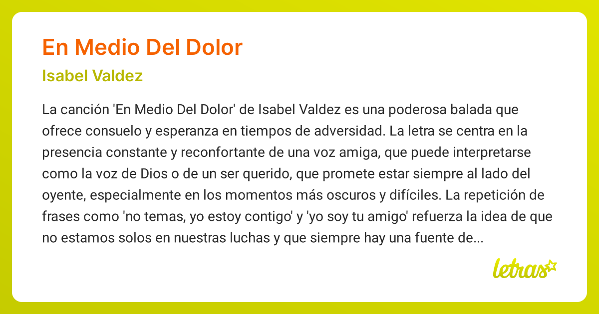 Significado de la canción EN MEDIO DEL DOLOR (Isabel Valdez) - LETRAS.COM