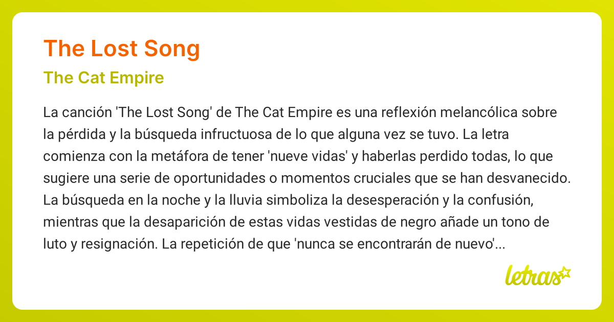 Significado de la canción THE LOST SONG (The Cat Empire) - LETRAS.COM