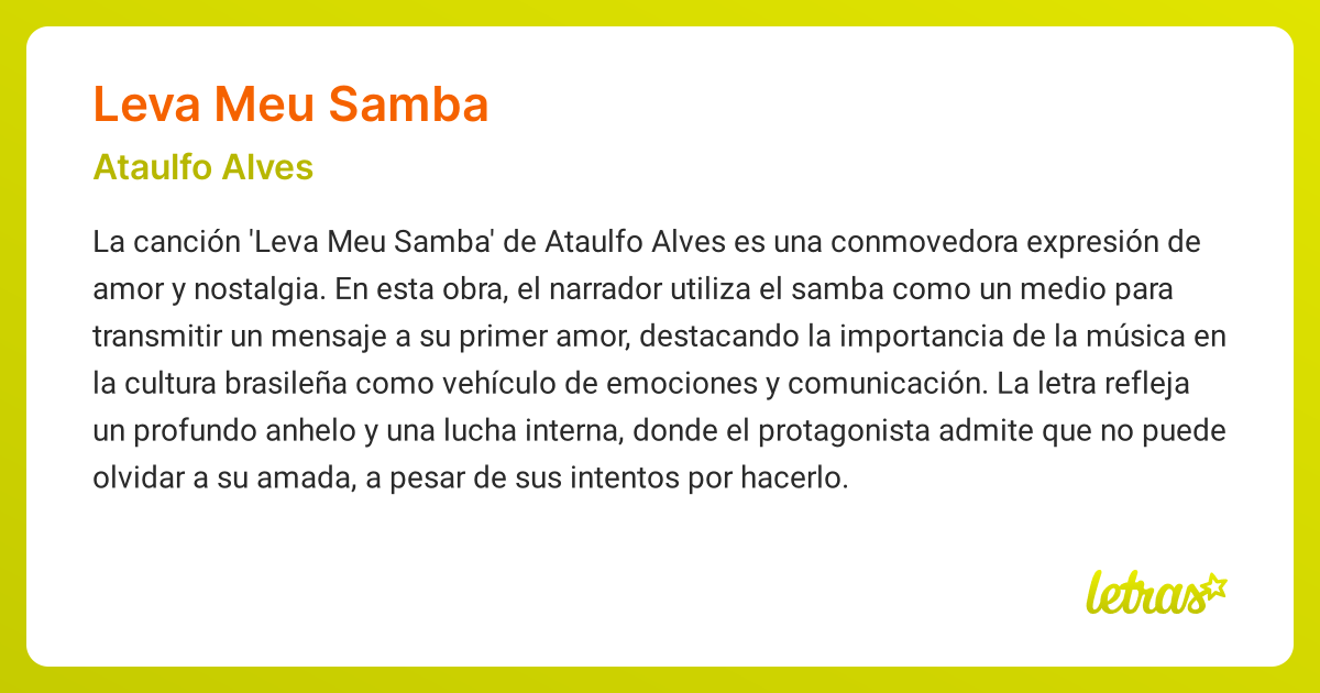 Significado de la canción LEVA MEU SAMBA (Ataulfo Alves) - LETRAS.COM