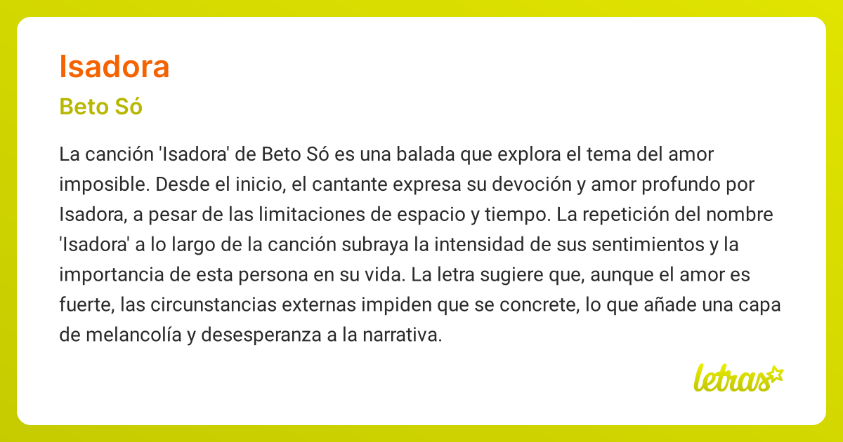 Significado de la canción ISADORA (Beto Só) - LETRAS.COM