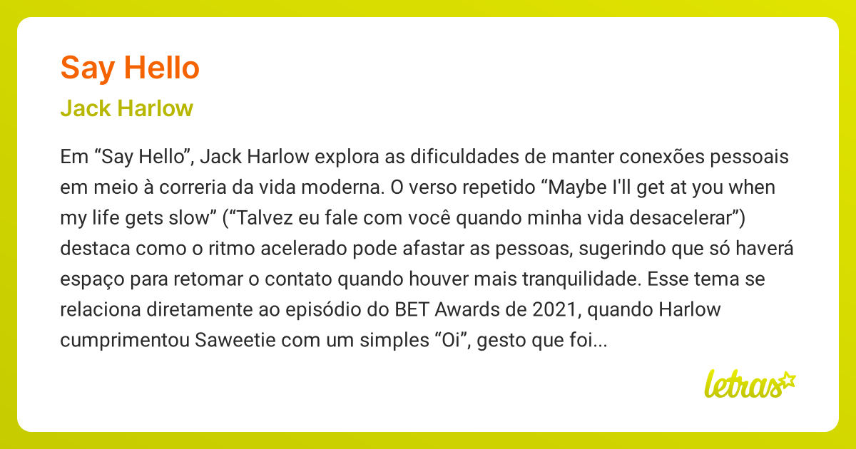 Significado da música SAY HELLO (Jack Harlow) - LETRAS.MUS.BR