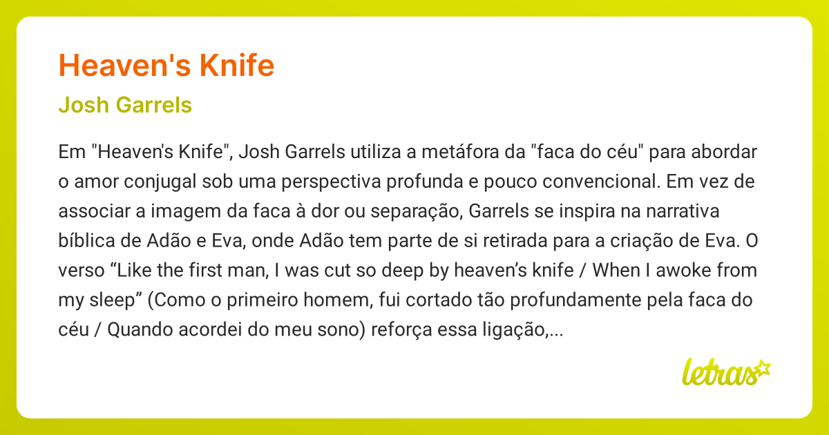Significado da música HEAVEN'S KNIFE (Josh Garrels) - LETRAS.MUS.BR