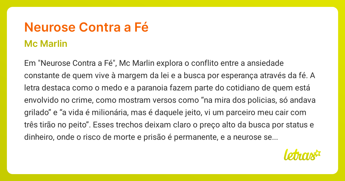 Significado da música NEUROSE CONTRA A FÉ (Mc Marlin) - LETRAS.MUS.BR