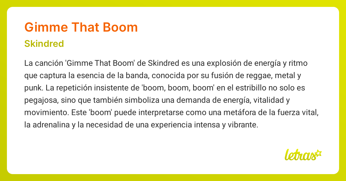 Significado de la canción GIMME THAT BOOM (Skindred) - LETRAS.COM
