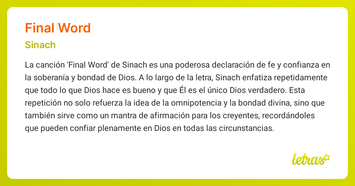 Significado de la canción FINAL WORD (Sinach) - LETRAS.COM
