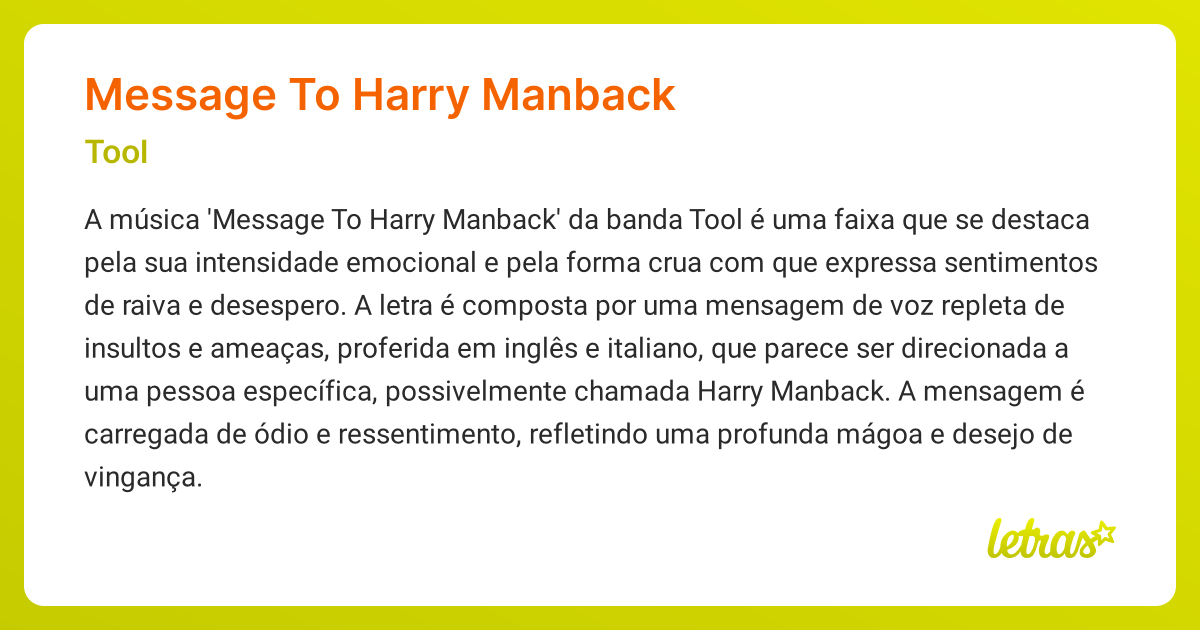 Significado da música MESSAGE TO HARRY MANBACK (Tool) - LETRAS.MUS.BR