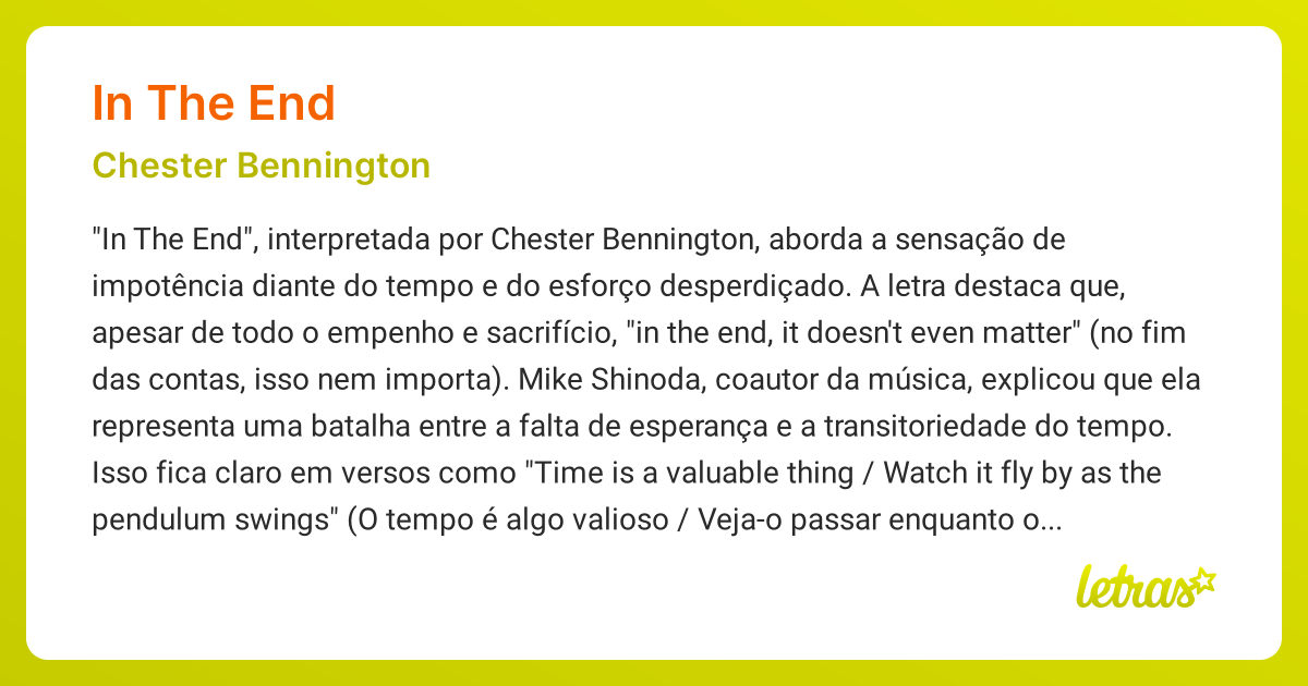 Significado da música IN THE END (Chester Bennington) - LETRAS.MUS.BR