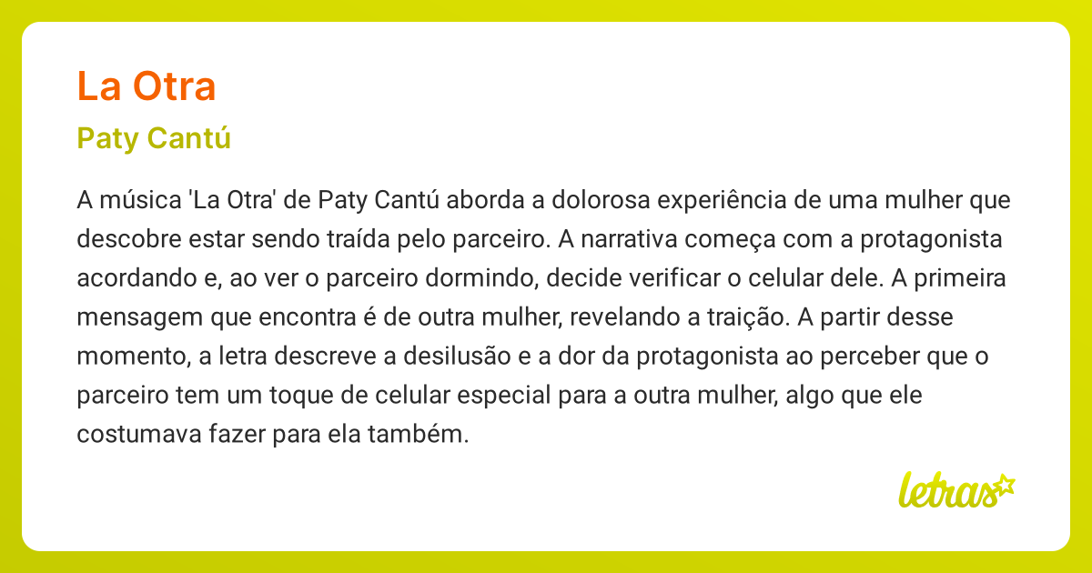 Significado da música LA OTRA (Paty Cantú) - LETRAS.MUS.BR