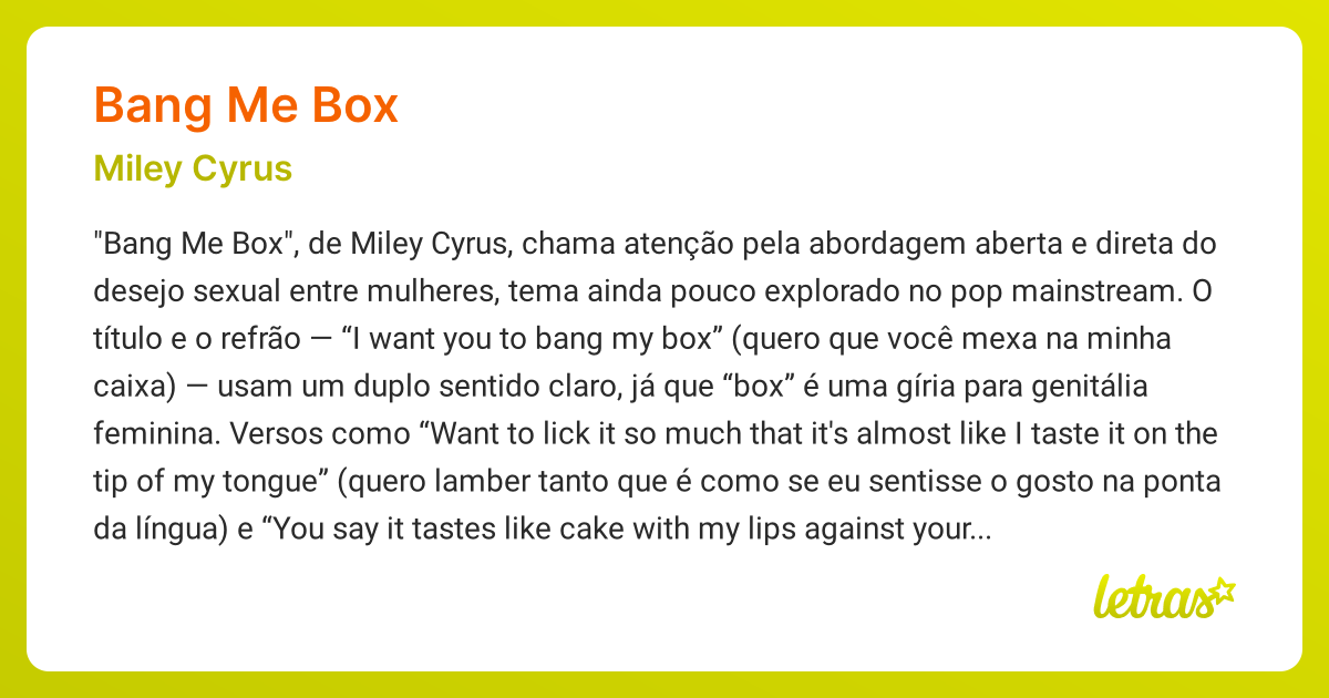 Significado da música BANG ME BOX (Miley Cyrus) - LETRAS.MUS.BR