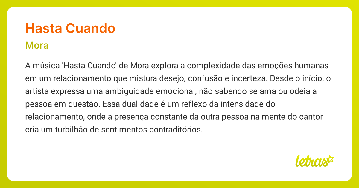 Significado da música HASTA CUANDO (Mora) - LETRAS.MUS.BR