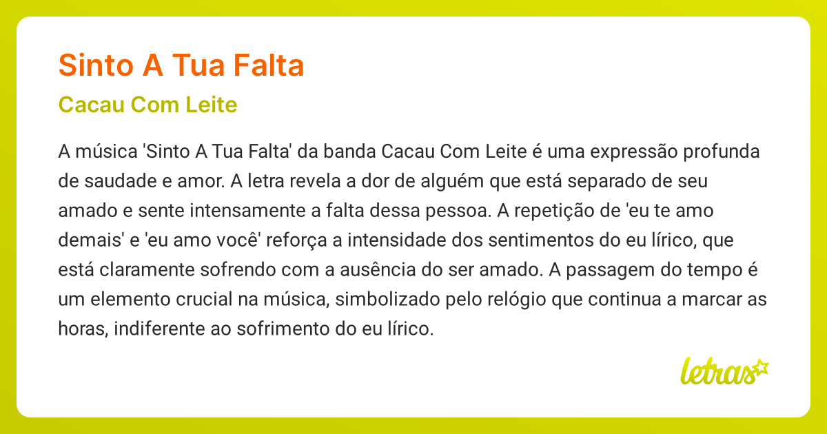 Significado da música SINTO A TUA FALTA (Cacau Com Leite) - LETRAS.MUS.BR