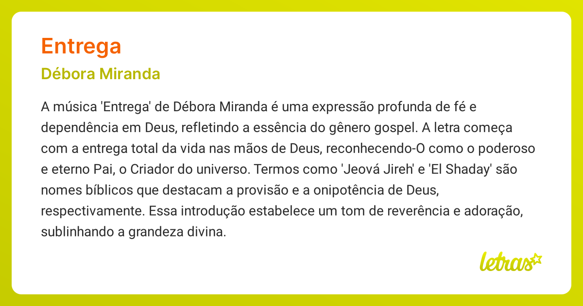 Significado da música ENTREGA (Débora Miranda) - LETRAS.MUS.BR