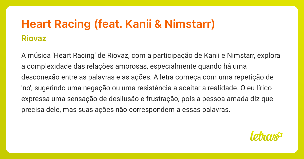 Significado da música Heart Racing (feat. Kanii & Nimstarr) (Riovaz ...