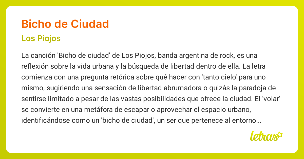 Significado de la canción BICHO DE CIUDAD (Los Piojos) - LETRAS.COM