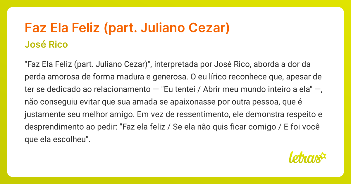 Significado da música Faz Ela Feliz (part. Juliano Cezar) (José Rico ...