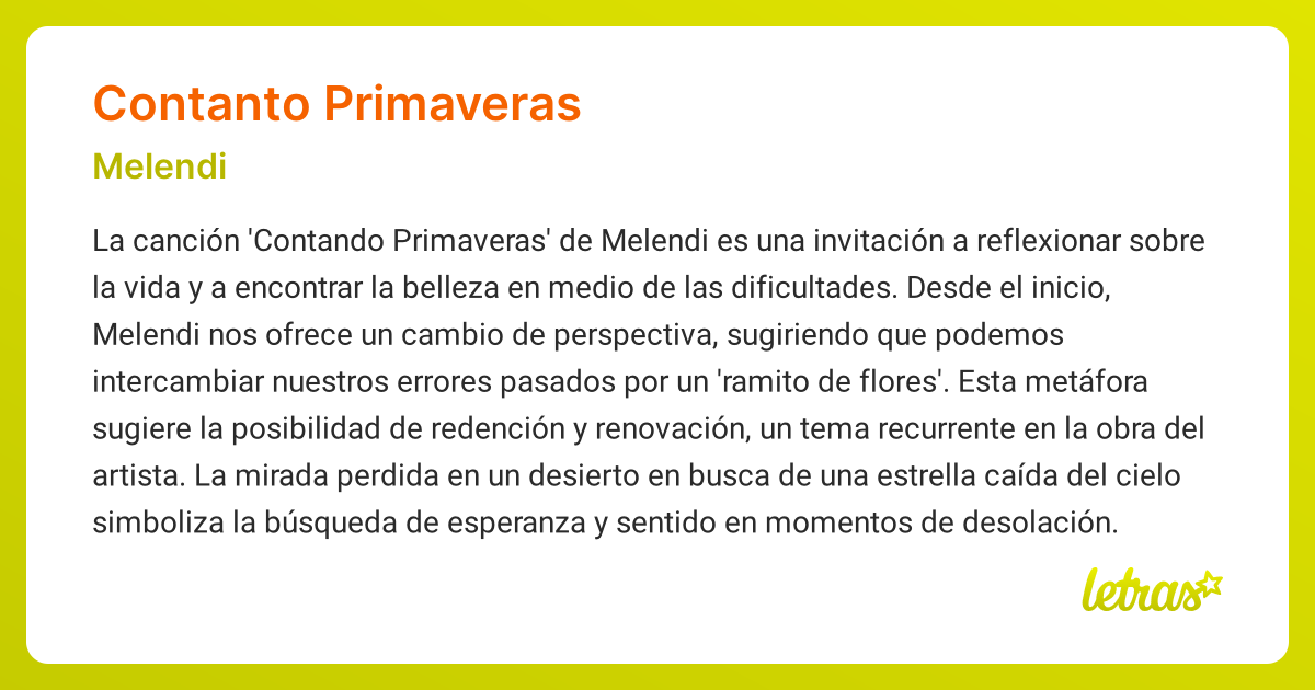 Significado de la canción CONTANTO PRIMAVERAS (Melendi) - LETRAS.COM