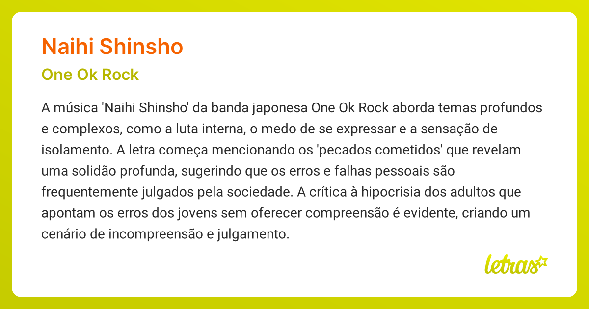 Significado da música NAIHI SHINSHO (One Ok Rock) - LETRAS.MUS.BR