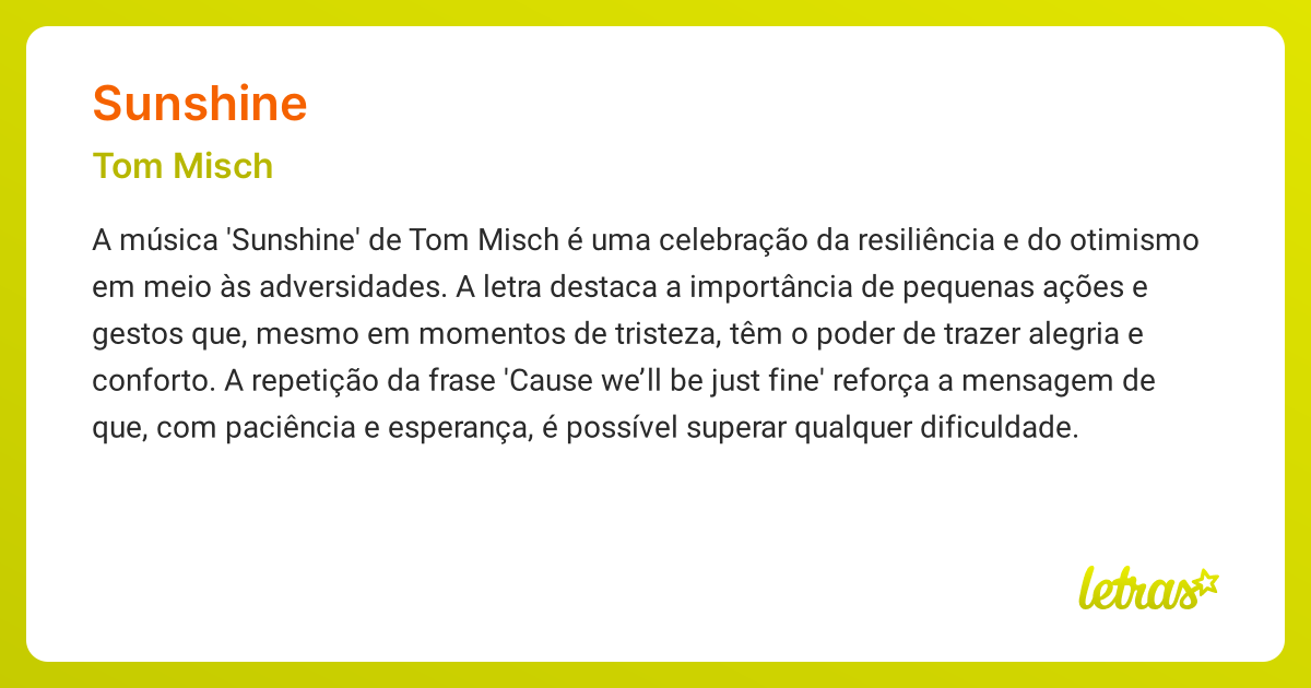 Significado da música SUNSHINE (Tom Misch) - LETRAS.MUS.BR