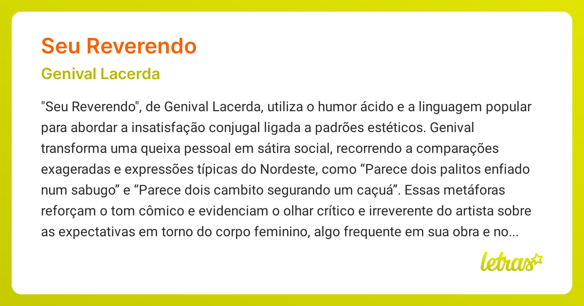 Significado da música SEU REVERENDO (Genival Lacerda) - LETRAS.MUS.BR