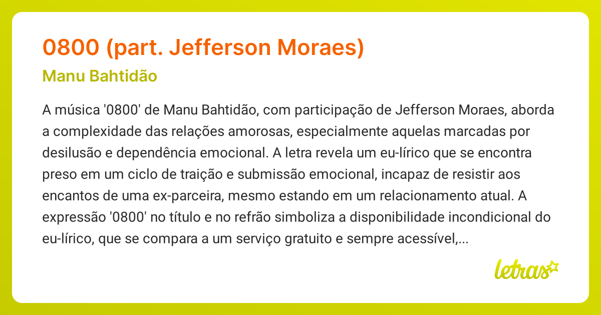 Significado Da Música 0800 Part Jefferson Moraes Manu Bahtidão