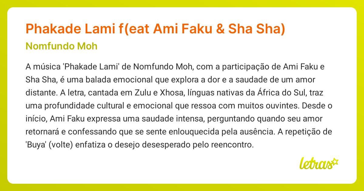 Significado da música Phakade Lami f(eat Ami Faku & Sha Sha) (Nomfundo ...