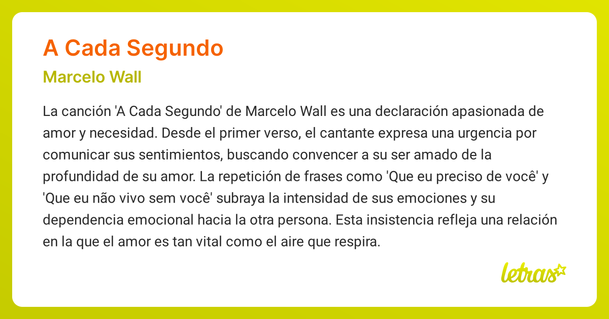 Significado de la canción A CADA SEGUNDO (Marcelo Wall) - LETRAS.COM
