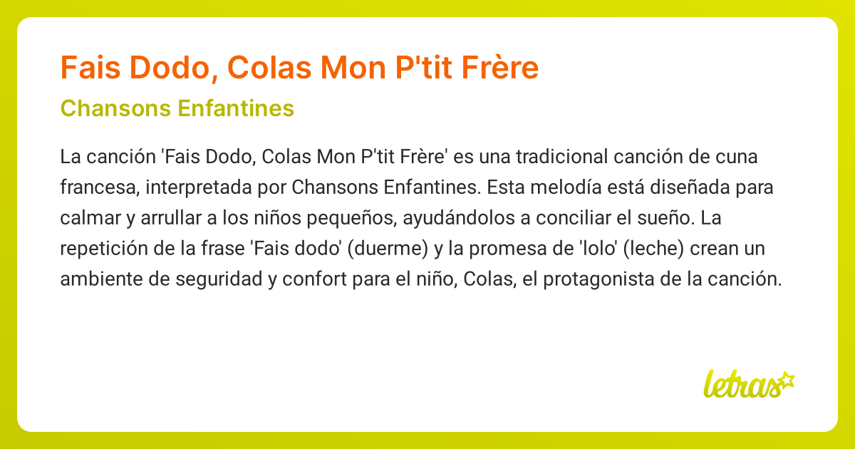 Significado de la canción Fais Dodo, Colas Mon P'tit Frère (Chansons ...